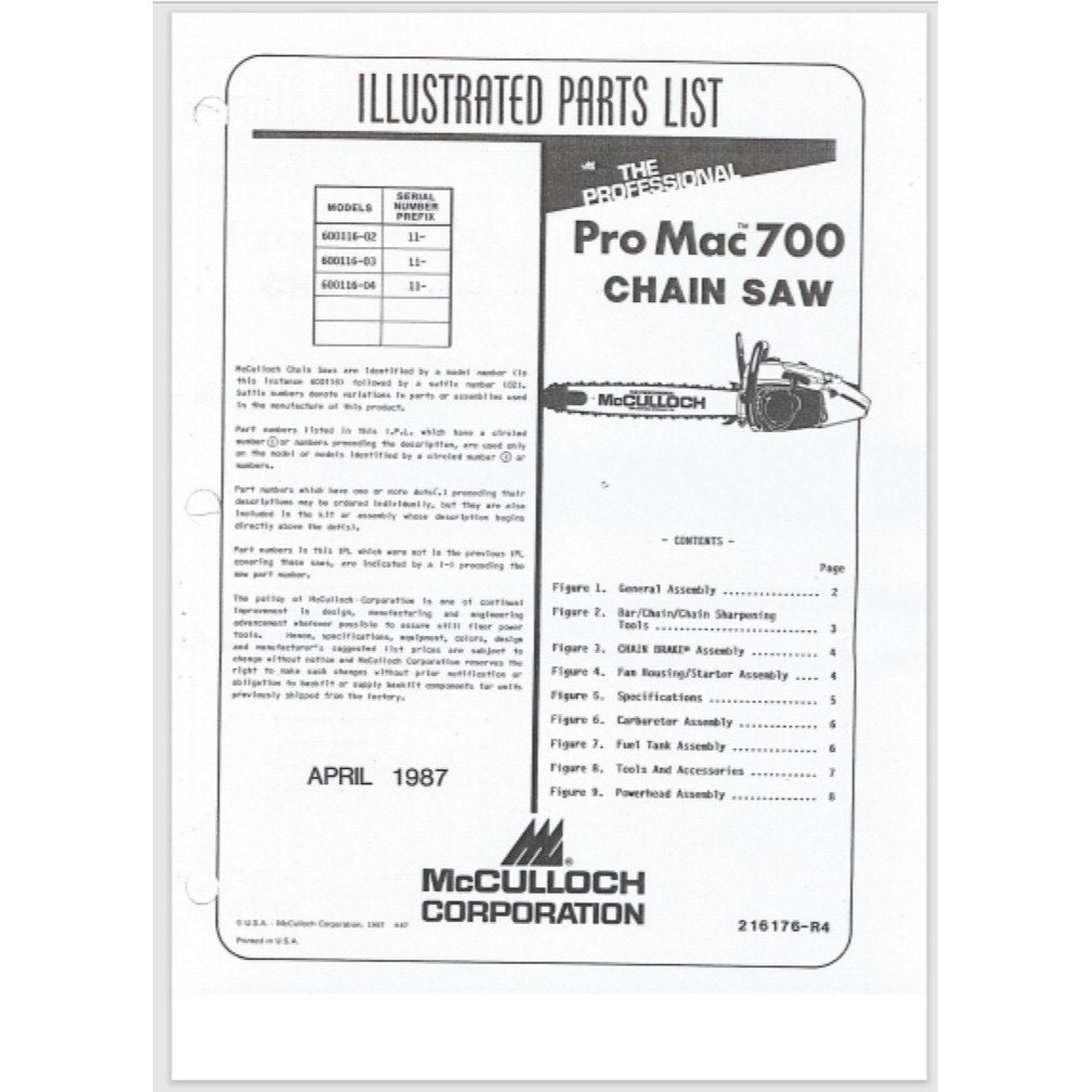 Mcculloch Pro Mac 700 Chainsaw Illustrated Parts List 1987 Exploded ...