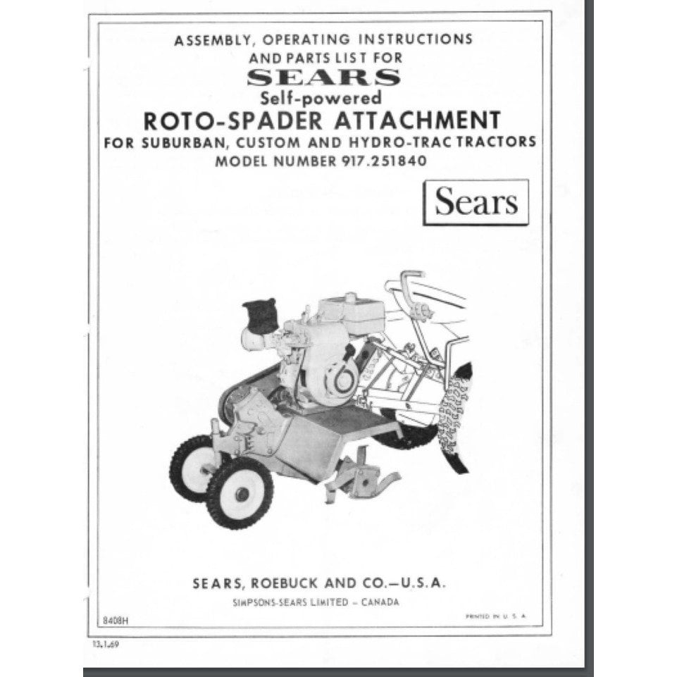 Sears Roto Tiller Implement Lawn Tractor Owner Parts Manual 917.251840 ...