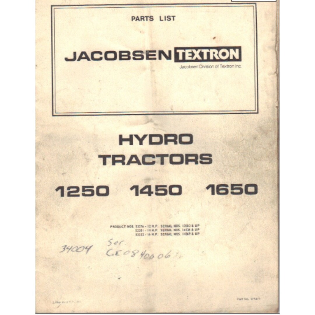 Jacobsen Tractor Parts List 1250 1450 1650 24 Pages Gloss Cover Comb ...