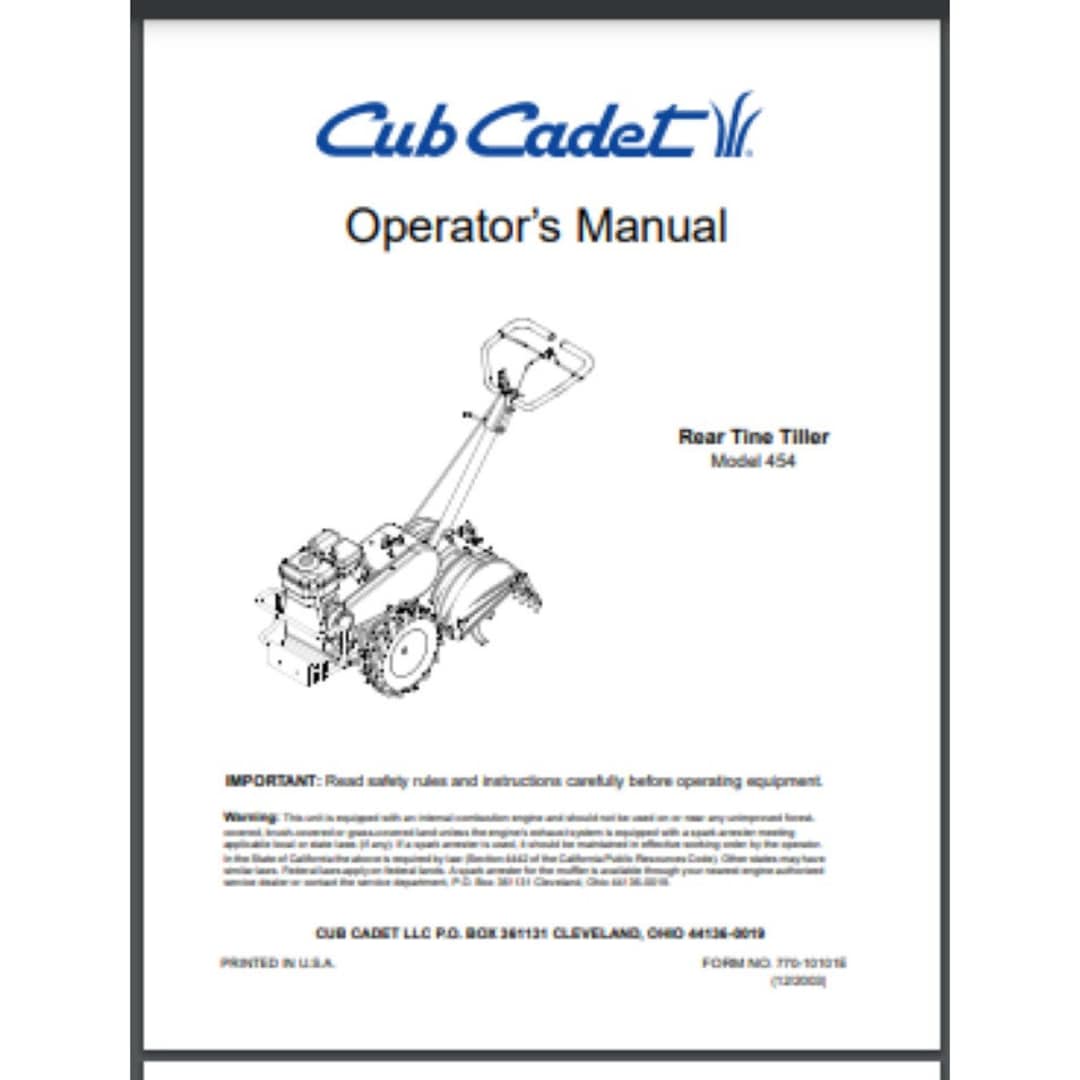 Cub Cadet 454 Rear Tine Tiller Owners Manual 20 Pages Model Year 2003 ...