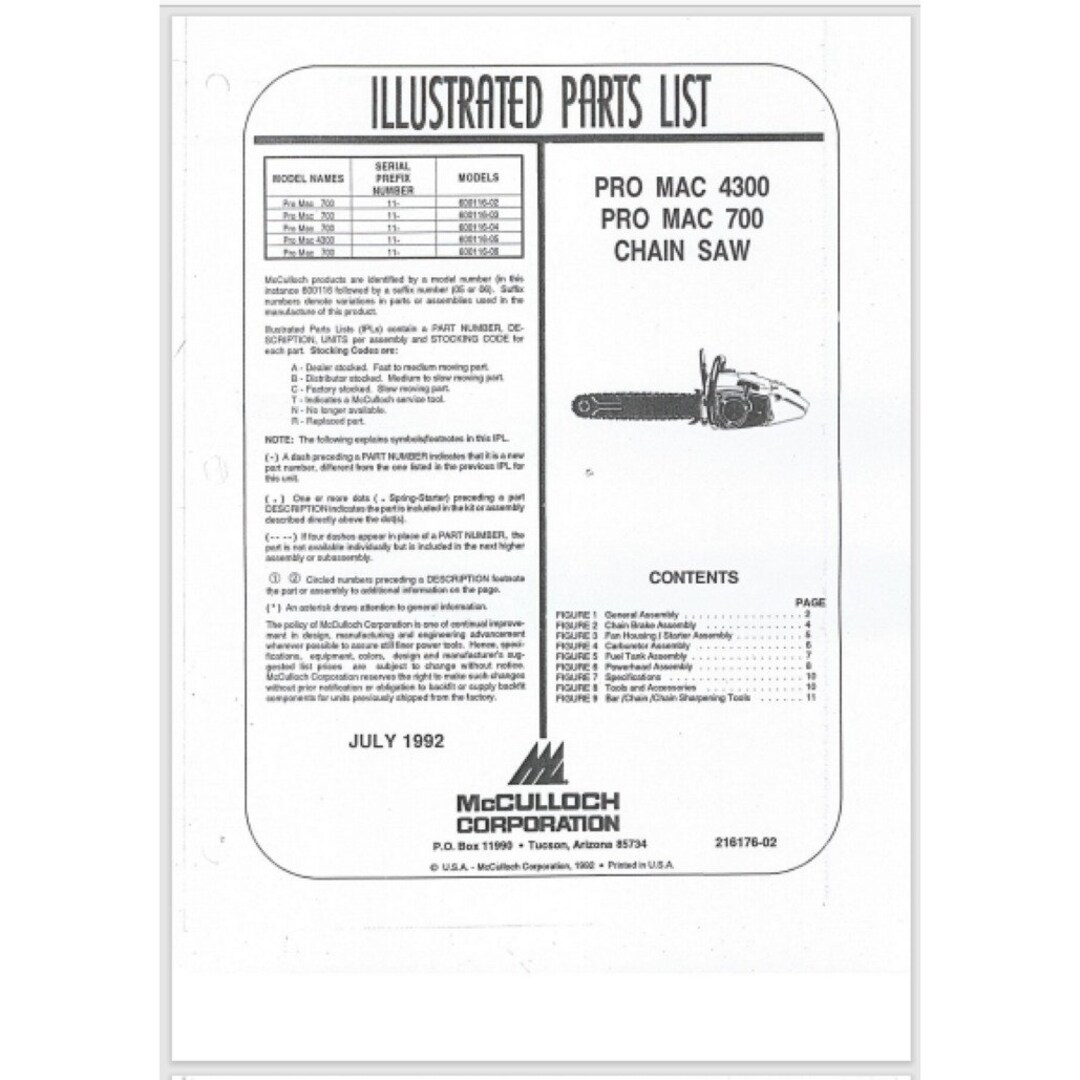 Mcculloch Pro Mac 700 4300 Chainsaw Illustrated Parts List 1992 ...