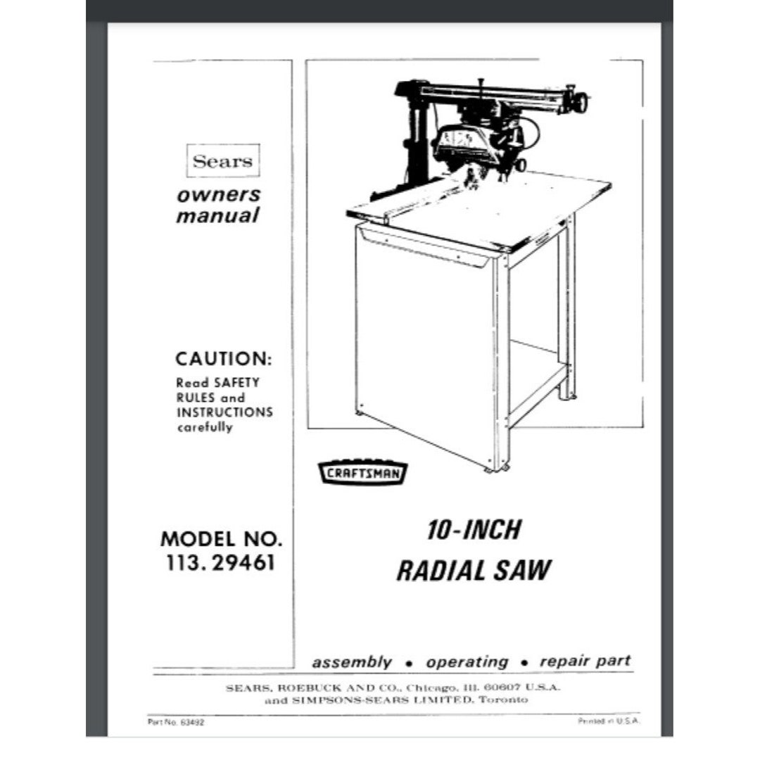 Sears Craftsman 10" Radial Arm Saw 113.29460 Owners Parts Manual 36 ...
