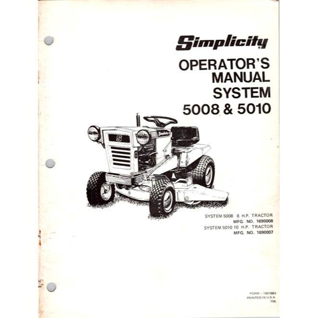 Simplicity, System, 5008, 5010, Lawn, Tractor, Operations, Manual, 8HP ...