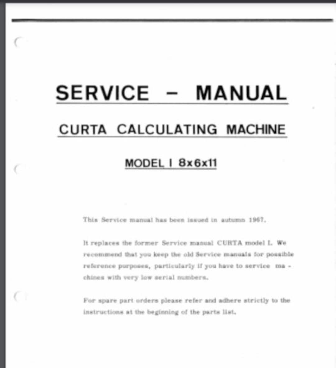 Curta Type 1 Mechanical Calculator Service Parts Manual 59 Pages Pub ...