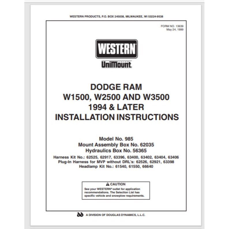 Western Unimount Snowplow Installation Parts Manual for 1994 & Later ...