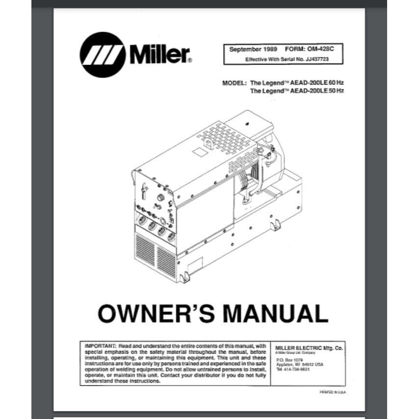 Miller Legend AEAD-200LE 60/50-hz Welder Owner & Parts Manual Book ...