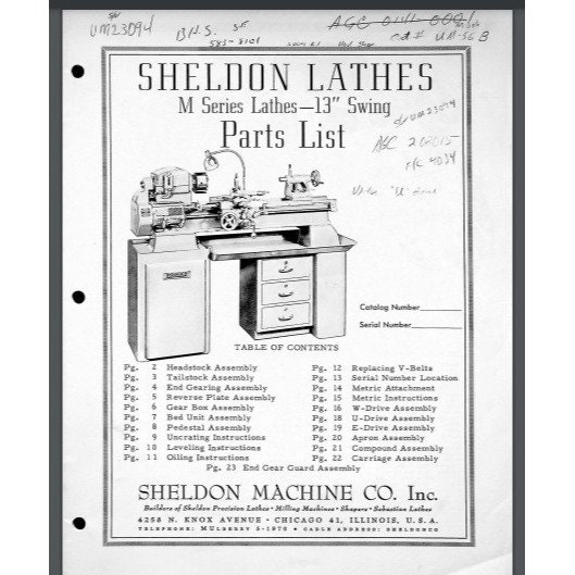 Sheldon 13 Swing Lathe Parts List & Numbers Comb Bound Gloss Cover 24 ...