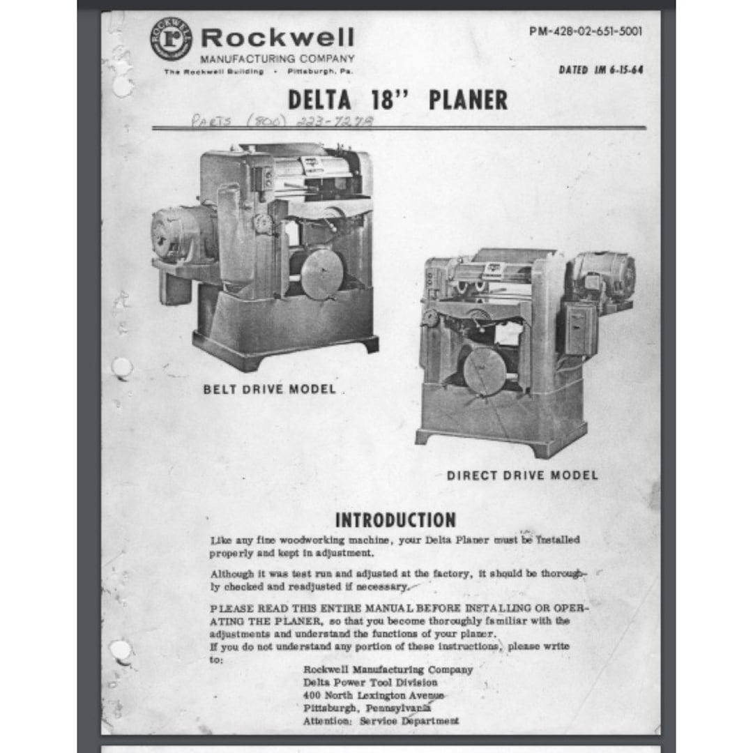 1964 Delta Rockwell 18 Inch Planer Owner Parts Manual 24 Pages Belt and ...