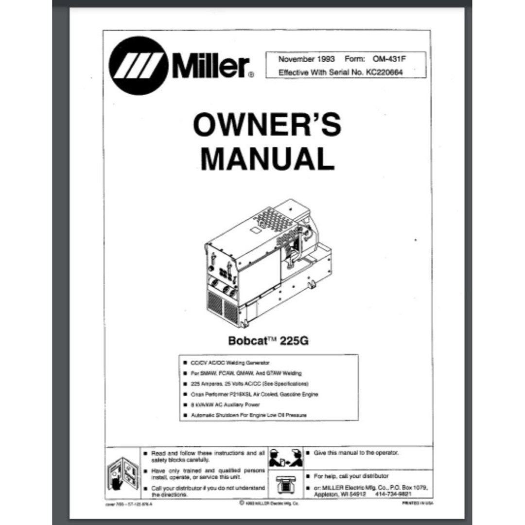 Miller BOBCAT 225 Welder Operation & Maintenance Owner Manual Parts ...