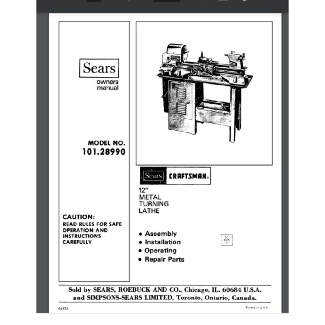 Craftsman 101.28990 12 Inch Metal Lathe Owners Manual and Parts List 26 ...