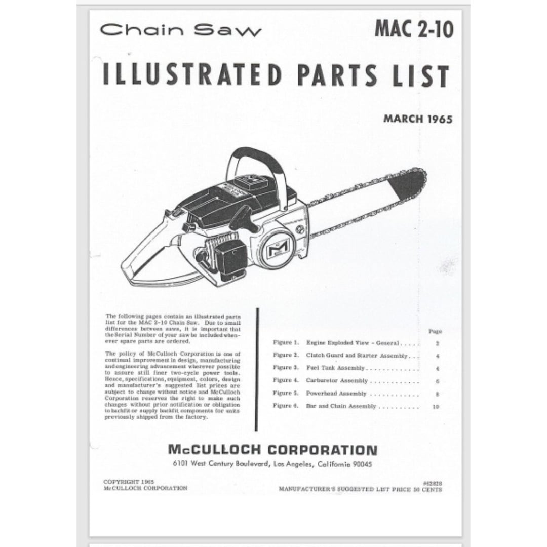 Mcculloch MAC 2-10 Chainsaw Illustrated Parts List Dec 1965 11 Pages Fast Ship - Etsy