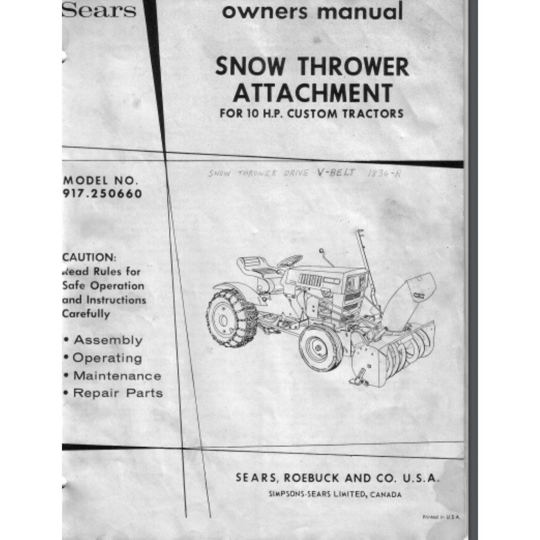 Sears Snow Blower Attachment for 10 H.P. Custom Tractors 917.250660 12 ...