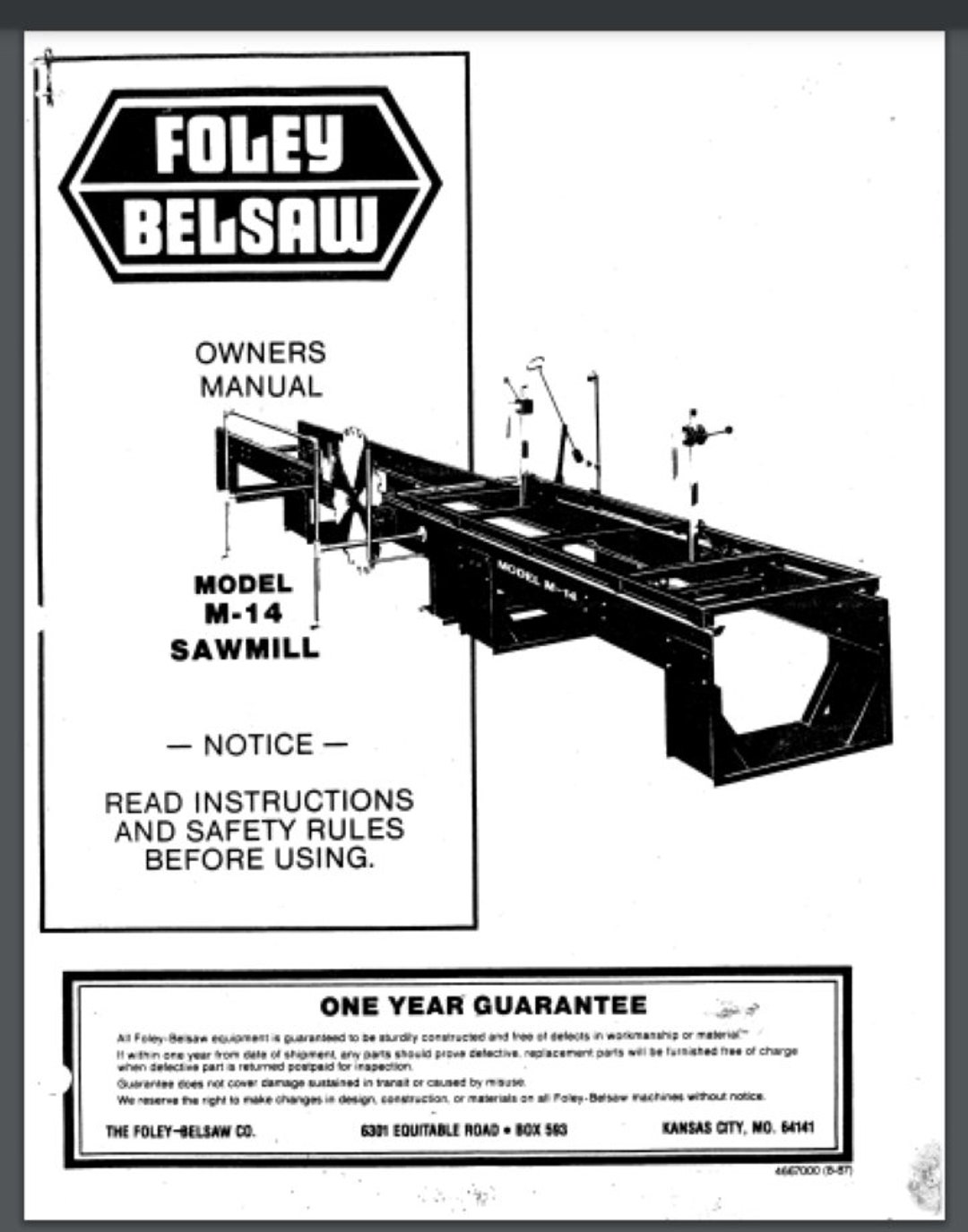 Foley Belsaw M-14 Sawmill Instruction Assembly Operator & Parts Manual ...