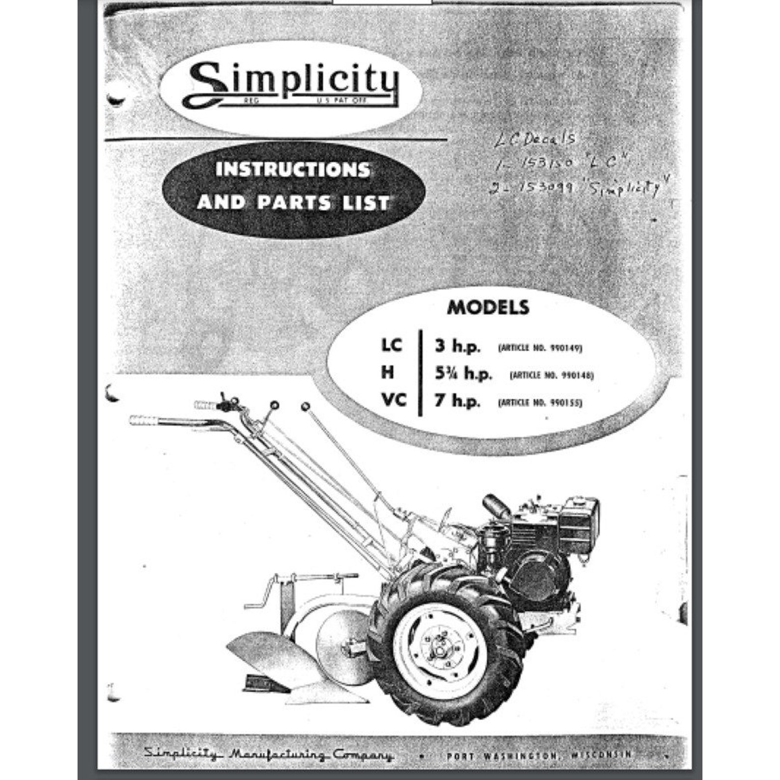 Simplicity VC LC H Walk-behind Garden Tractor Owner & Parts Manual Comb ...