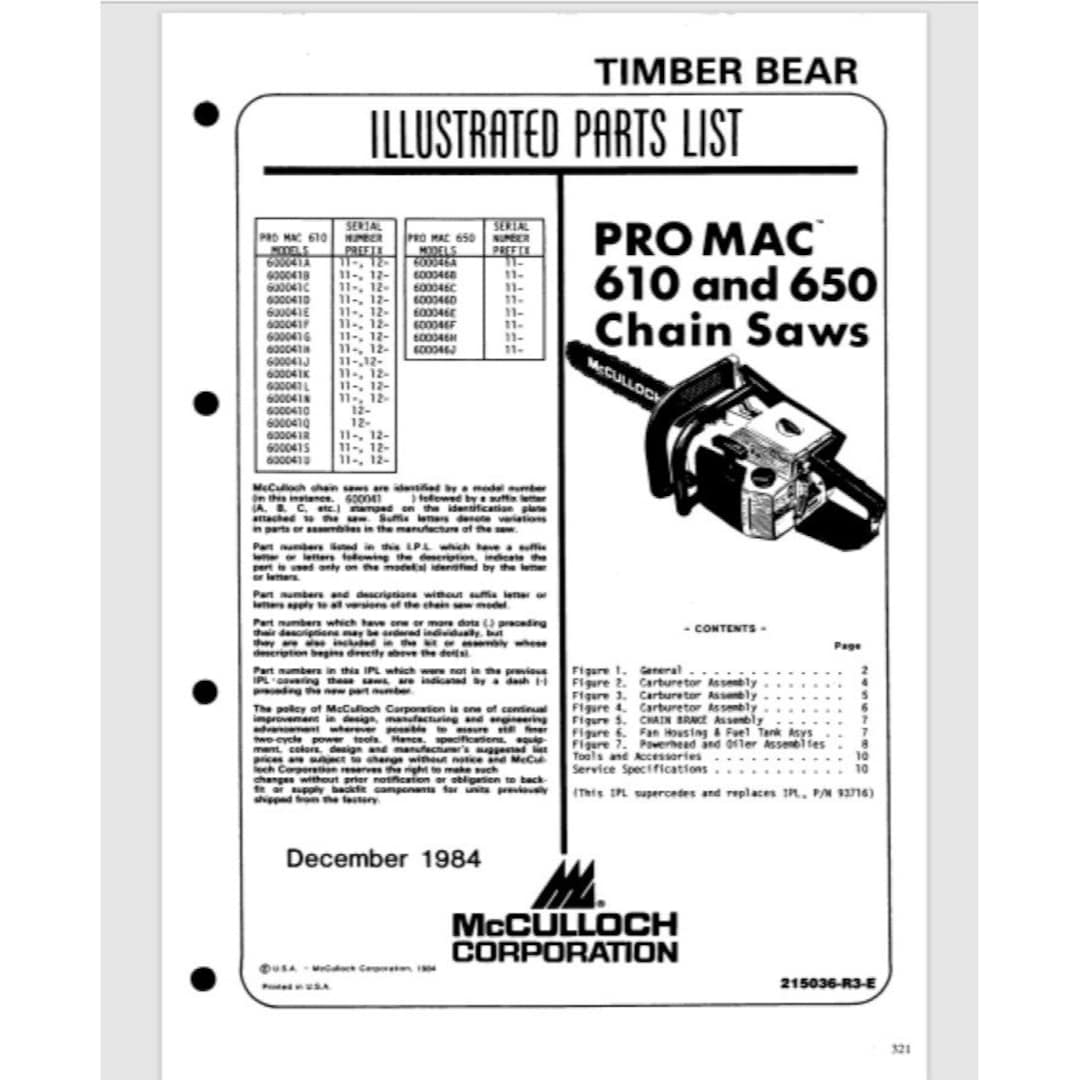 Mcculloch Pro Mac 610 650 Chainsaw Illustrated Parts List Dec 1984 - Etsy