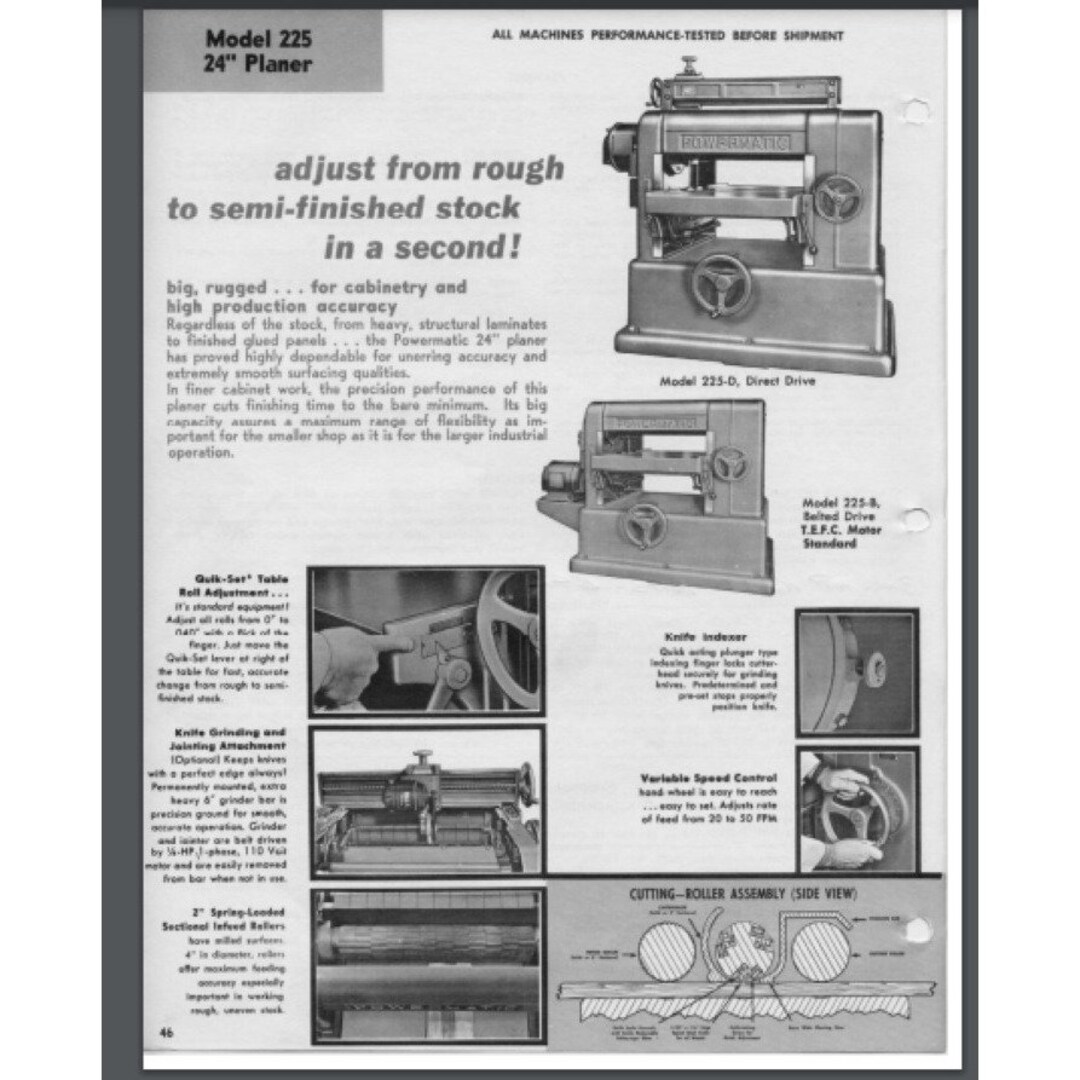 POWERMATIC 225 D 24" Planer OWNER Parts Manual 1966 22 Pages Comb Bound ...