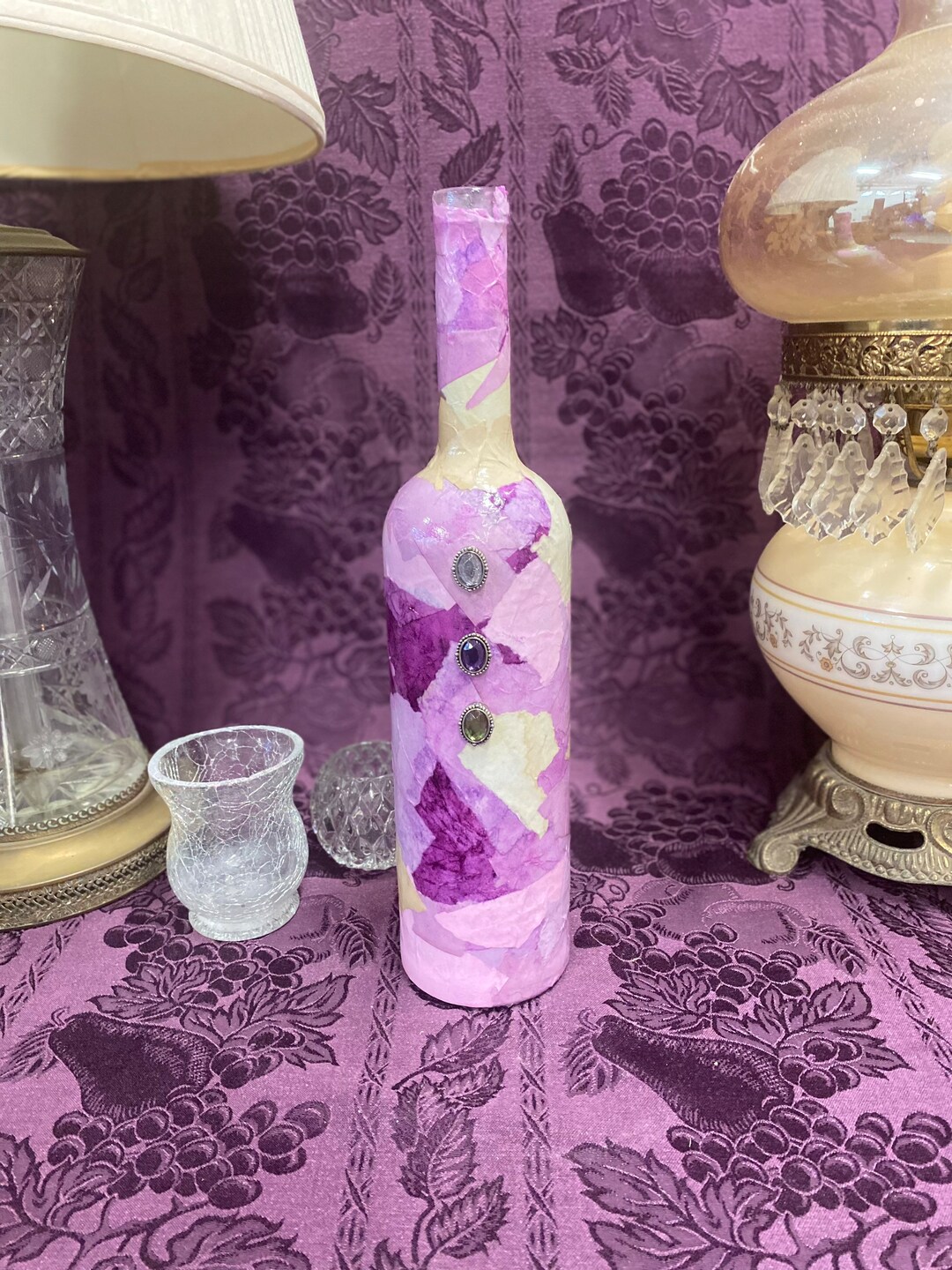 Purple Patchwork Decorative Glass Bottle, Wine Bottle, Hand Painted ...