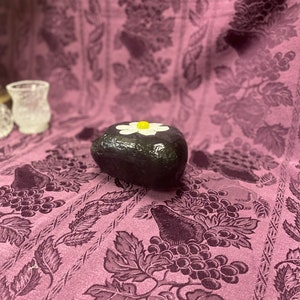 Hand-painted Black Rock With White Daisy Art, Large Rock 5lbs, Garden ...