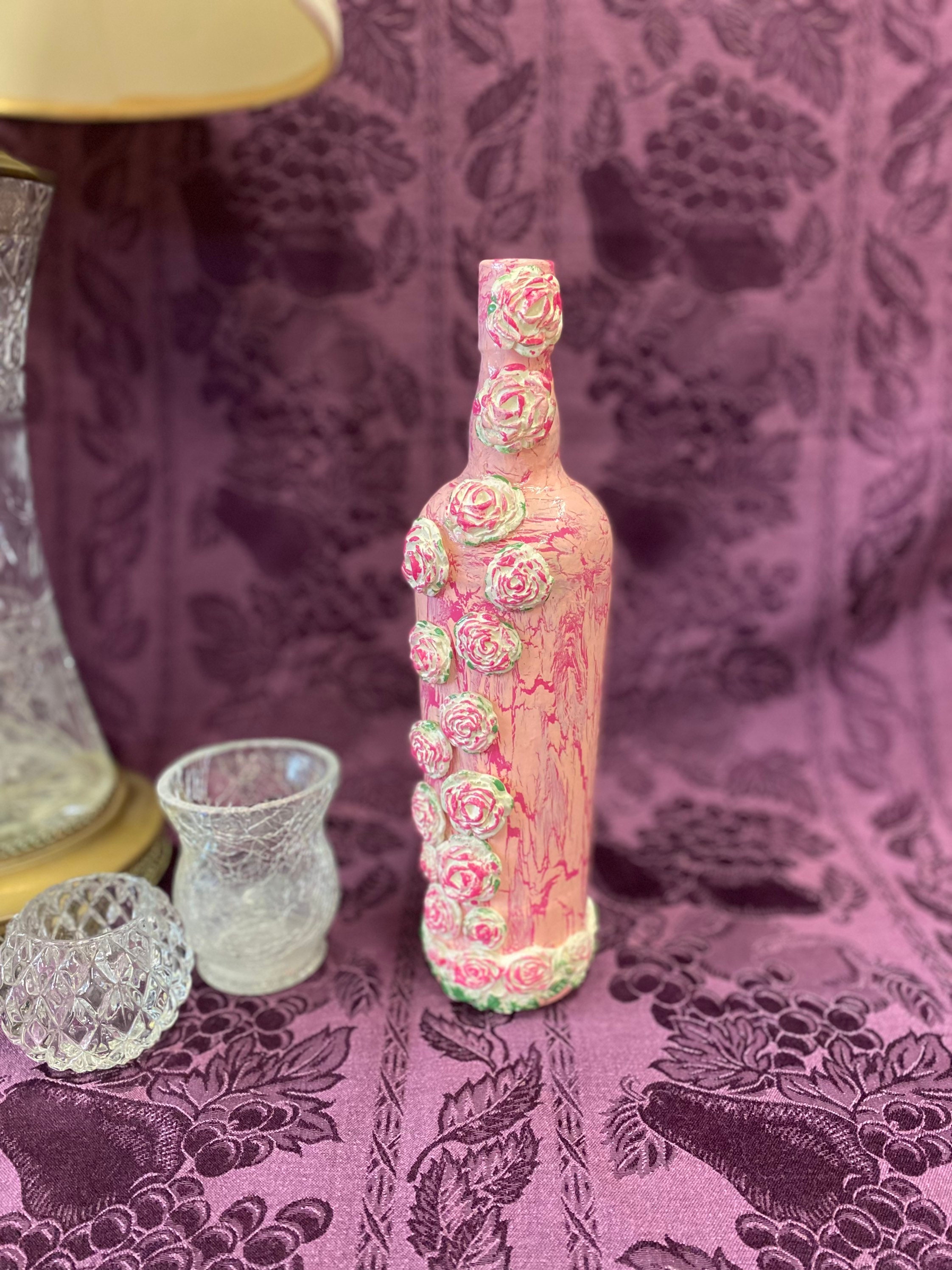 Shabby Chic Pink Roses Decorative Glass Bottle, Hand Painted Floral ...