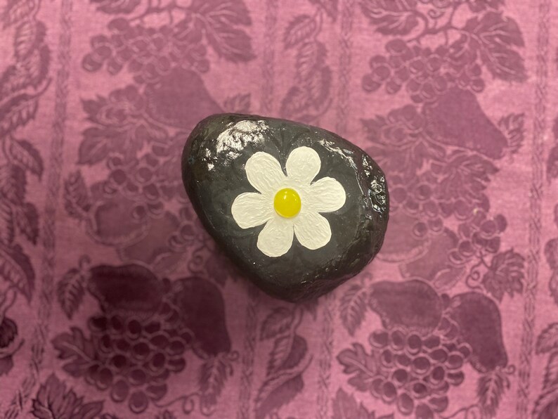 Hand-painted Black Rock With White Daisy Art, Large Rock 5lbs, Garden ...