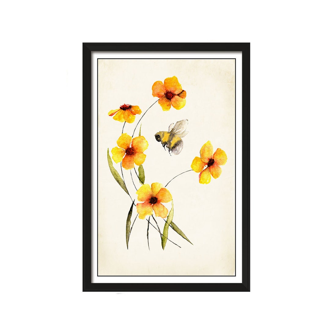 Handmade Floral Botanical Print Art Poster Watercolor Poppy Bees Print ...