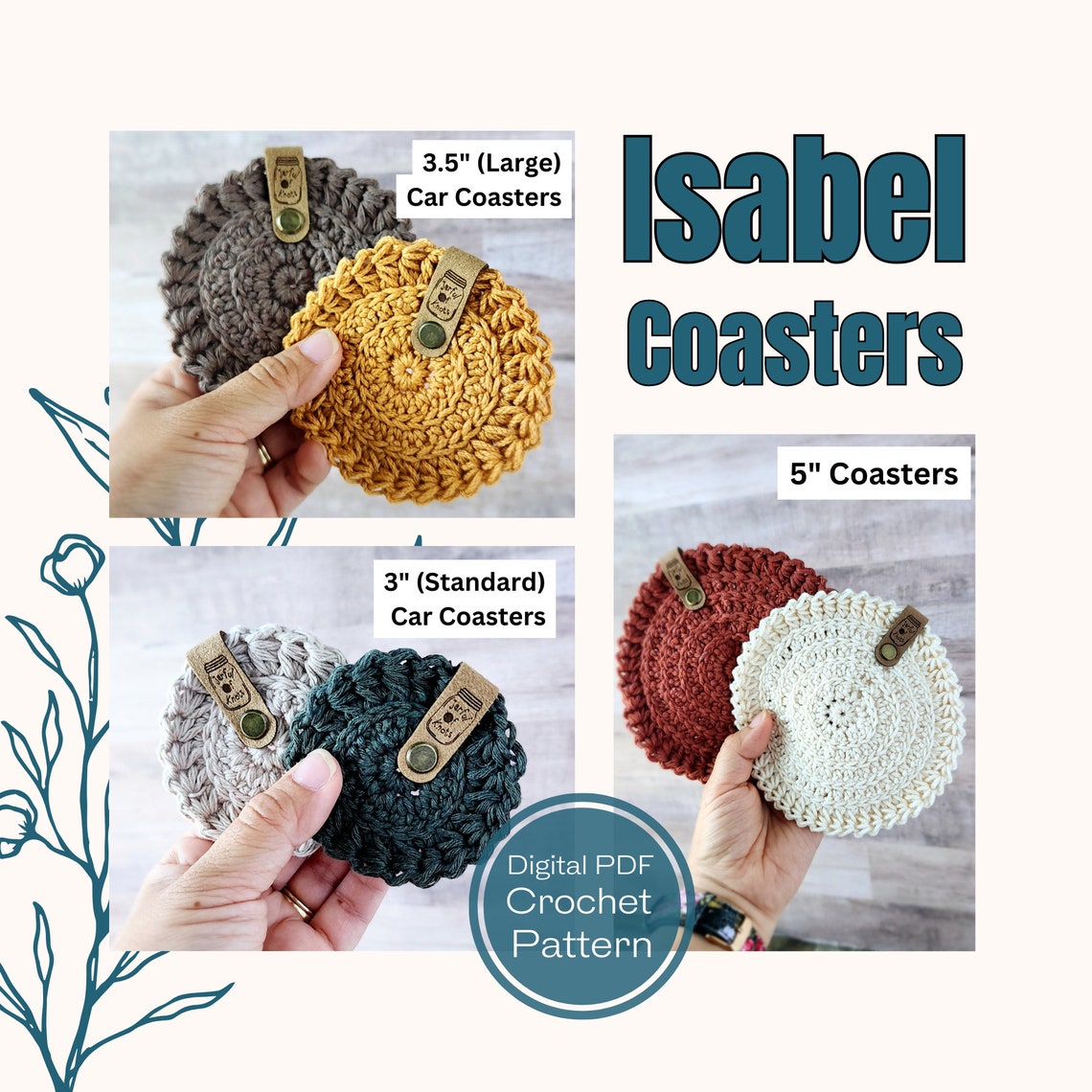 Isabel Coaster, 3 Sizes, Car Coasters, Crochet Pattern (PDF Pattern) - Etsy