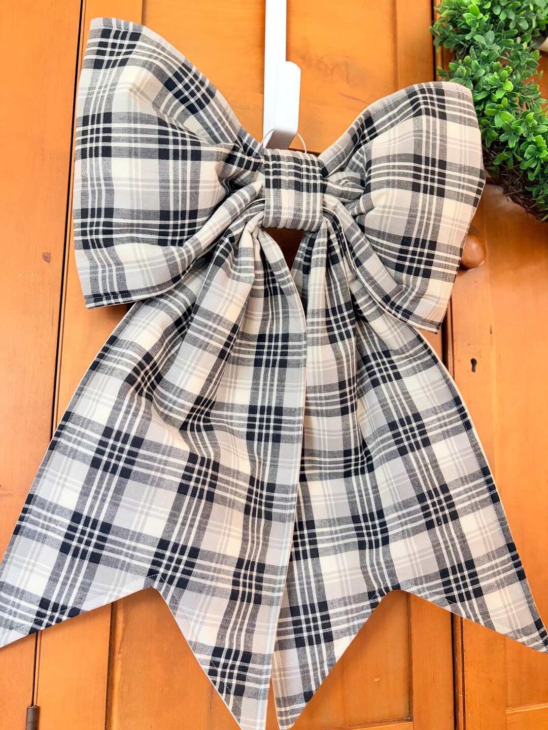 Reversible Giant Bow, Black Plaid and Linen, Farmhouse Decor - Etsy