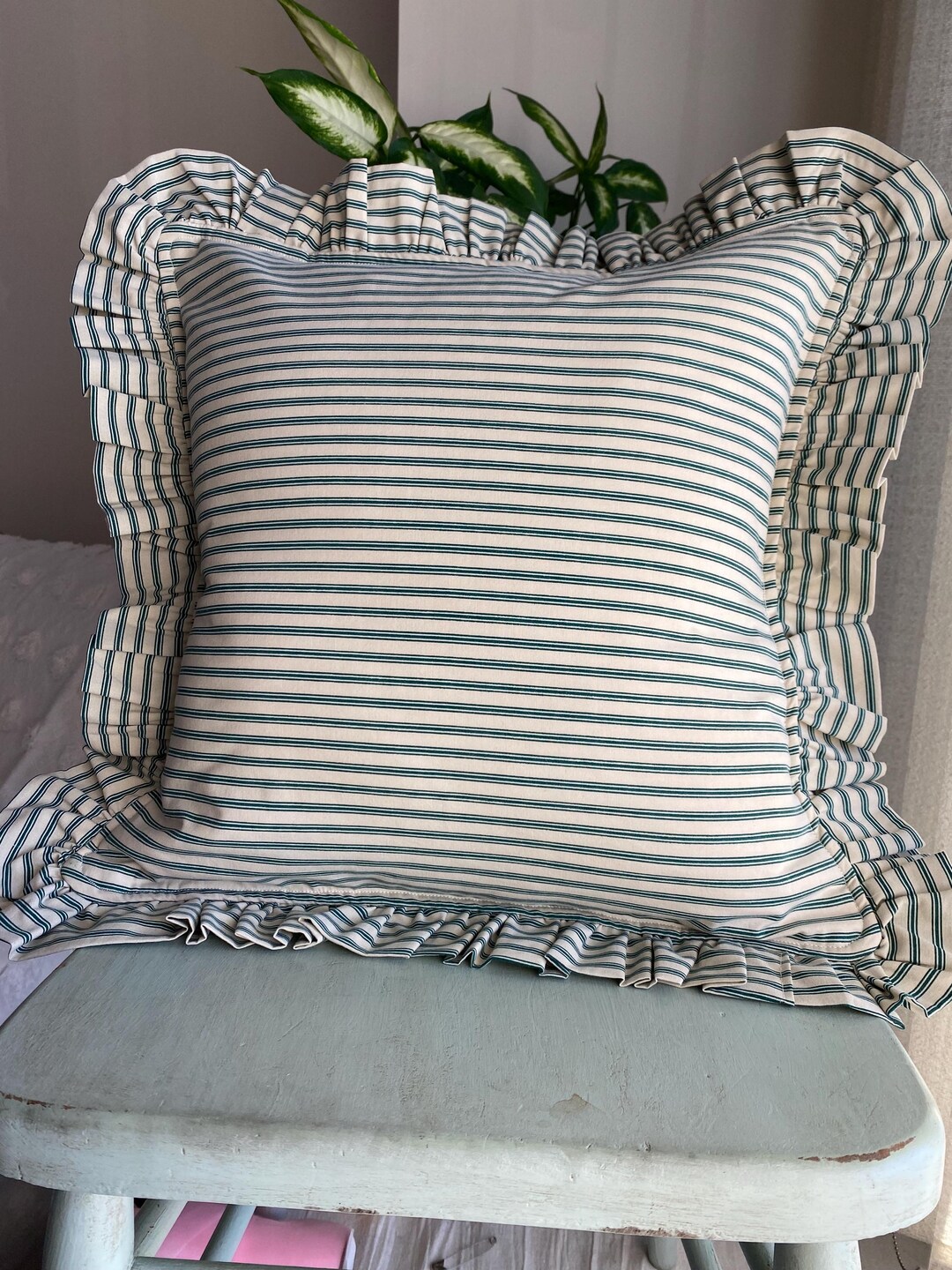 Pillow With Ruffle, Ruffle Pillow, Handmade in the USA, Green Stripe ...