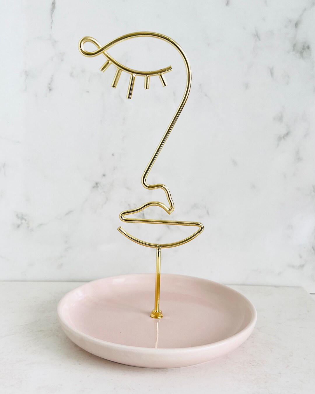 Wire Gold Half Face Abstract Jewellery Stand With Pink Trinket Dish ...