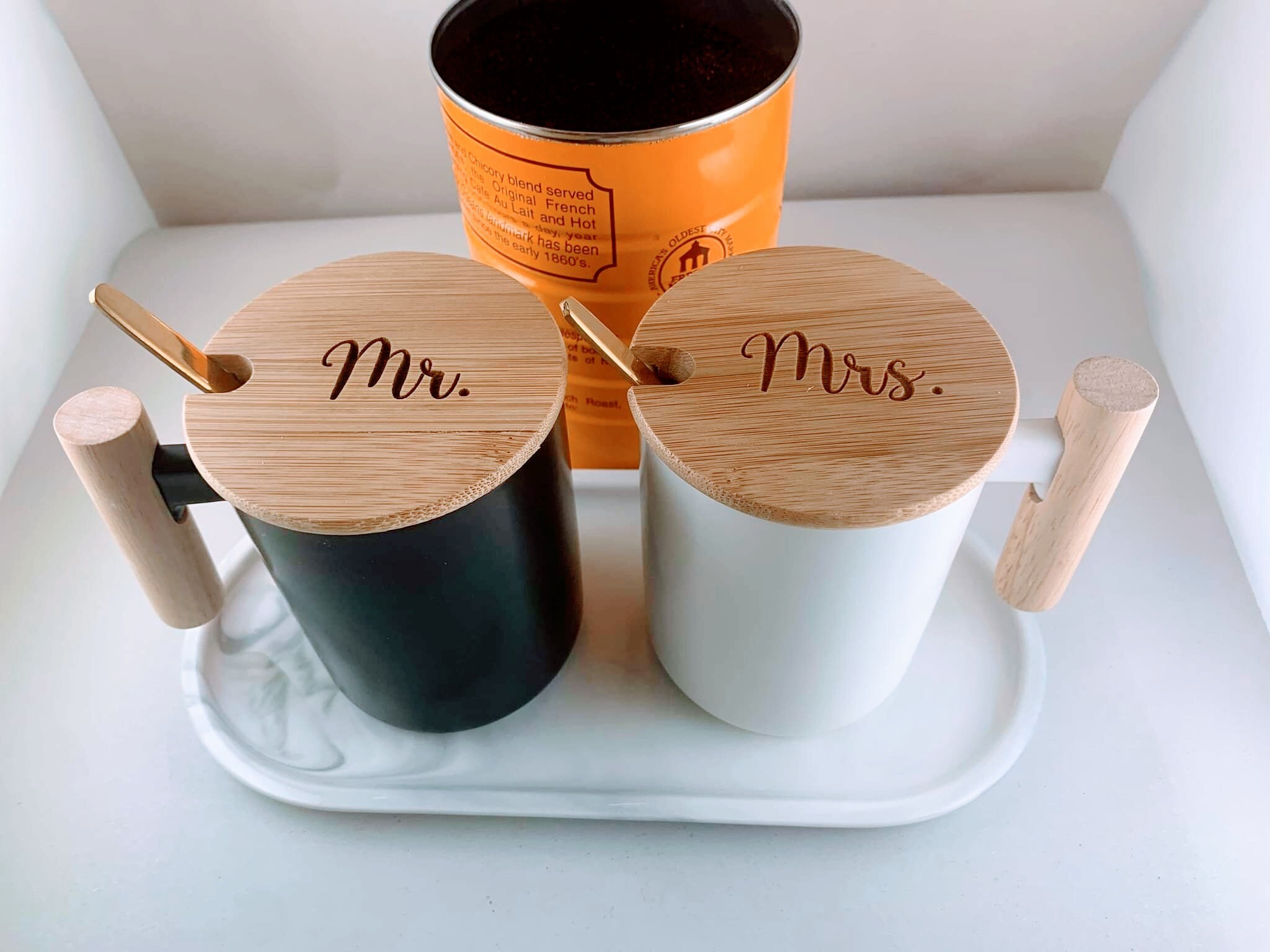 Personalized Mug Set of 2 With Spoon and Wood Lid Mr. and - Etsy