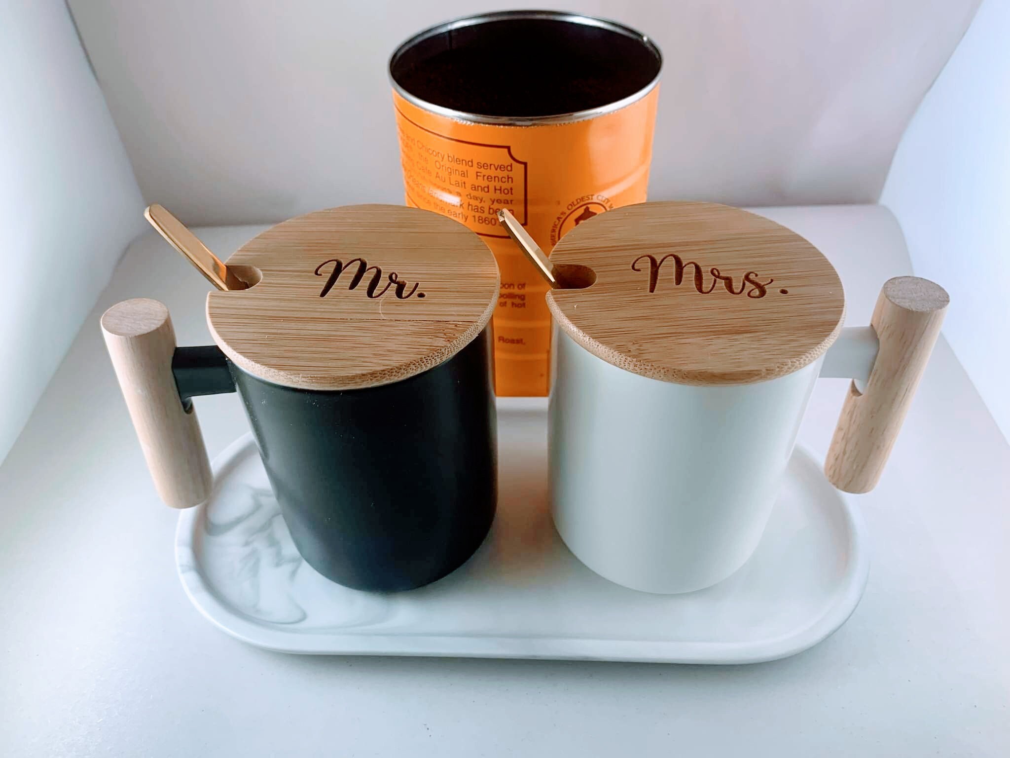 Personalized Mug Set of 2 With Spoon and Wood Lid Mr. and - Etsy