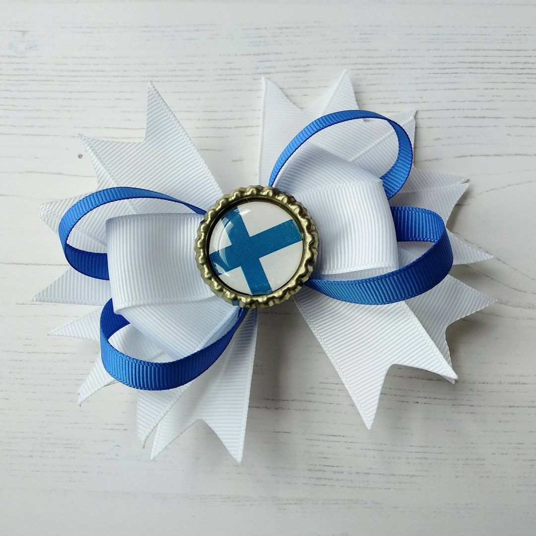 Finland Flag Hair Bow on Clip or Barette, Beautiful Big Finnish Bow ...
