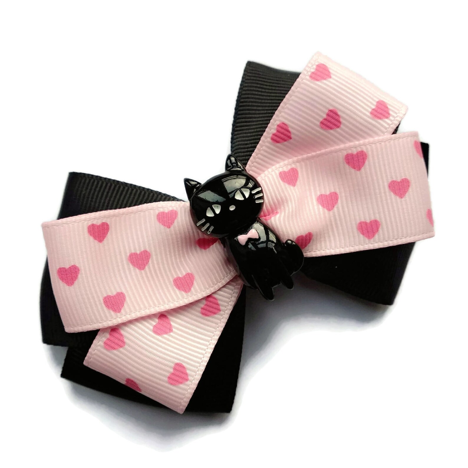 Black Cat Hair Bow With Pink Hearts, Beautiful 9cm 3.5