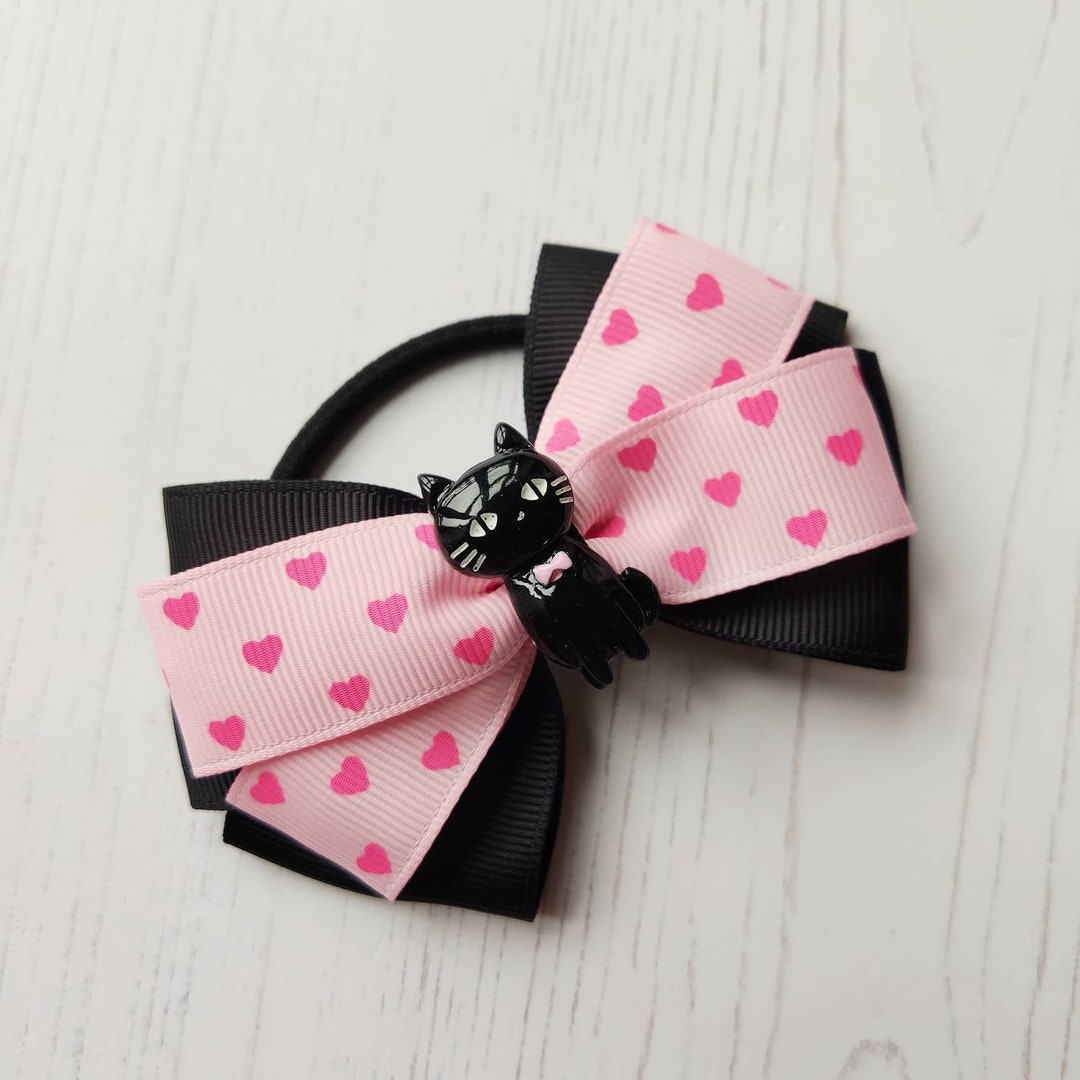 Black Cat Hair Bow With Pink Hearts, Beautiful 9cm 3.5" Bow for Cat ...