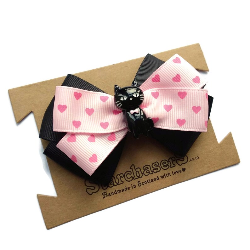 Black Cat Hair Bow With Pink Hearts, Beautiful 9cm 3.5