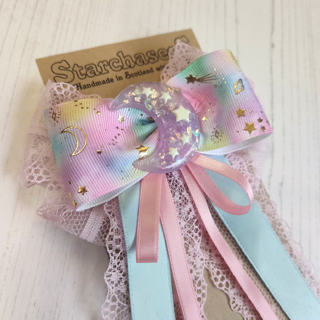 Pastel Space Ribbon Bow With Beautiful Resin Moon Centre, Satin and ...