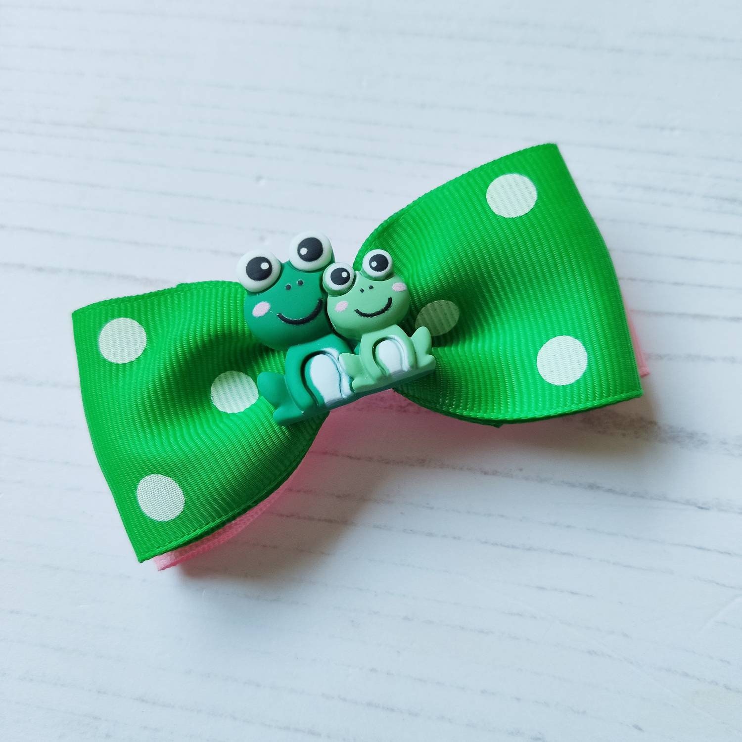 Frog Hair Bow on Clip or Barrette Green and Pink Ribbon with | Etsy