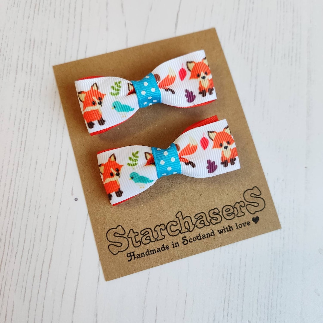 Small Fox Hair Bows on Clips, Pack of 2 Bows With Cute Little Fox Print ...