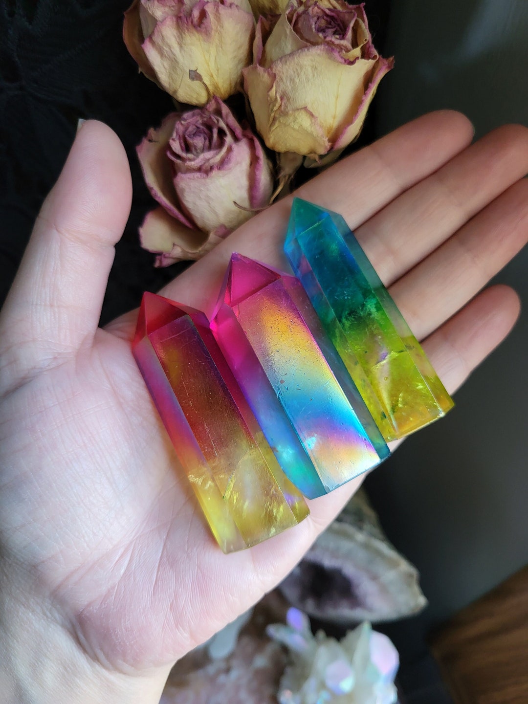 Rainbow Aura Split Dye Crystal Quartz Tower Set - Etsy
