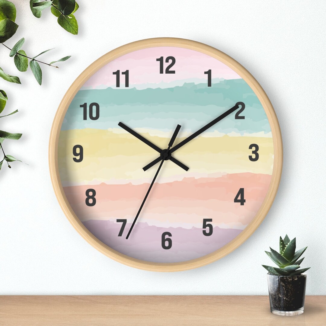 Nursery Rainbow Wall Clock – Watercolor Pastel Stripe Clock, Baby Room ...