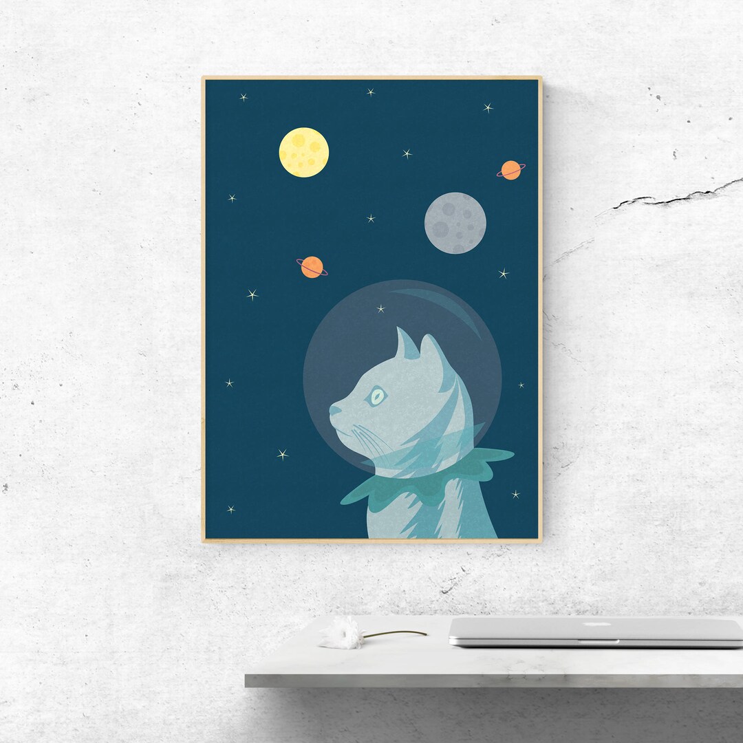 Blue Space Cat Wall Art – Cosmic Cat Print, Nursery Decor, Space Poster ...