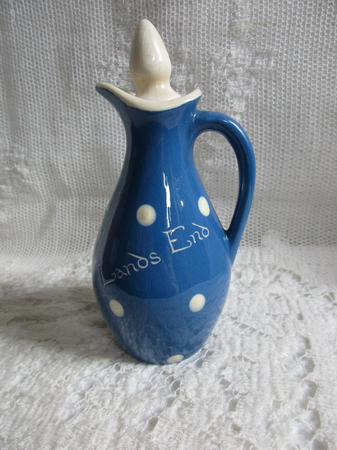 Vintage SANDYGATE Devon Pottery Blue Domino Spot Oil or Vinegar Jug ...