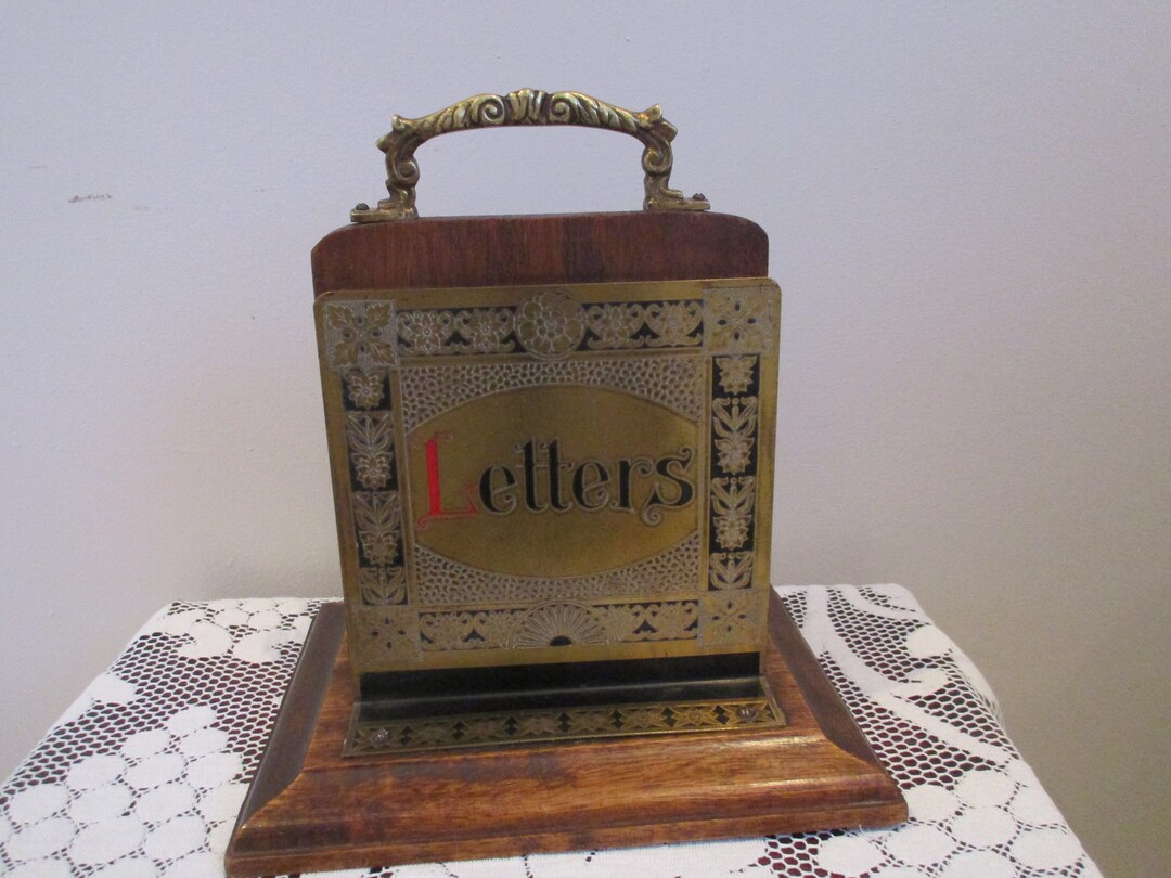 Vintage Wood and Brass LETTER RACK Oak Letter Rack Arts and Crafts Home ...