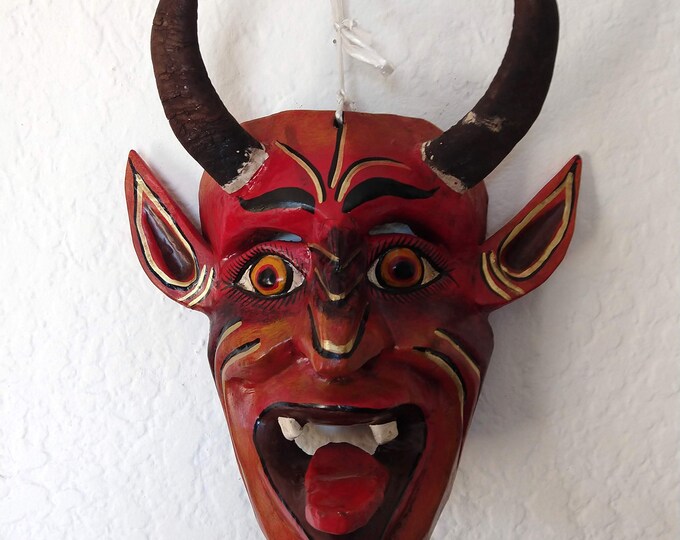 Large Vintage Mexican Folk Art Mask Altar Wooden Red Devil - Etsy
