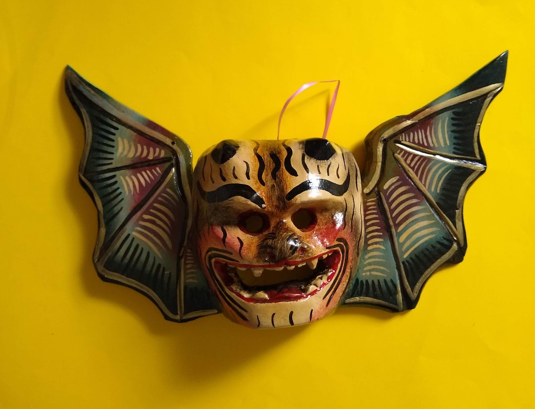Large Mexican Handmade Day of the Dead Oaxaca Carved Wood Mask Winged ...