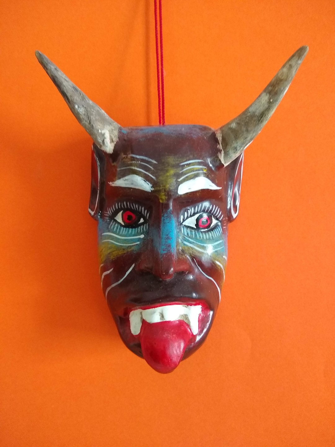 Small Vintage Mexican Folk Art Dancing Devil Diablo Mask Altar Wooden ...