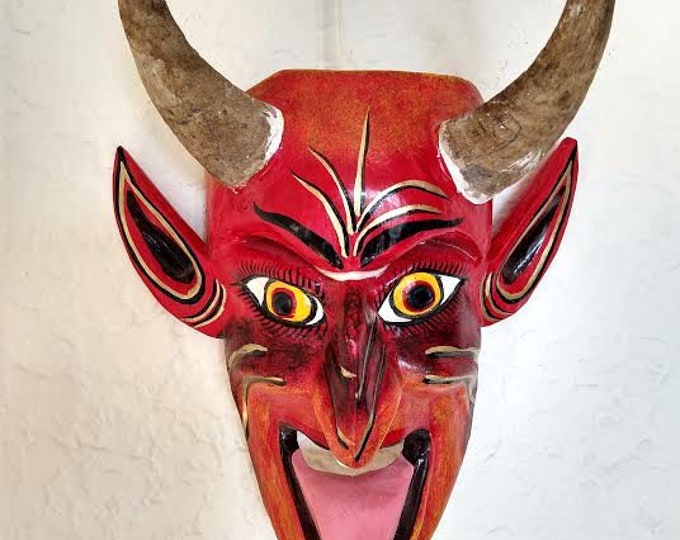 Large Vintage Mexican Folk Art Mask Altar Wooden Red Devil Diablo ...