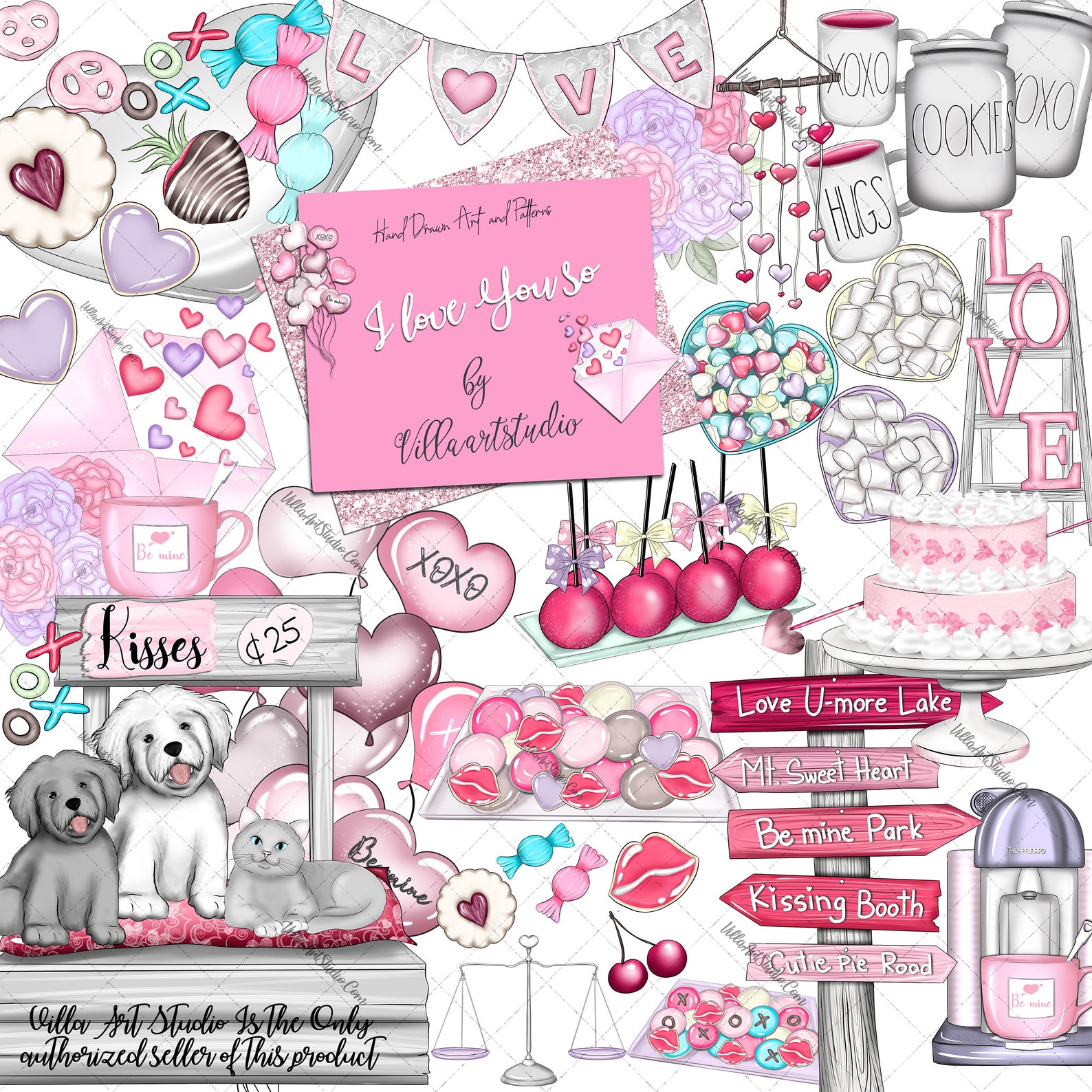 I LOVE YOU SO Clipart, Kissing Booth, Valentines Day Clipart, Puppy and ...
