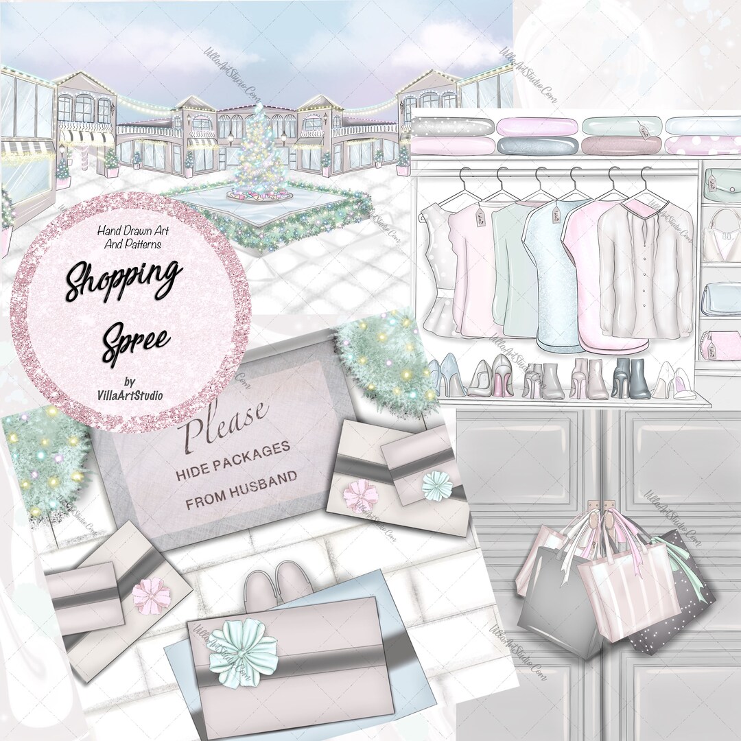 Shopping Spree Scenes, Hand Drawn Art, Shopping Mall Art, Home Delivery ...