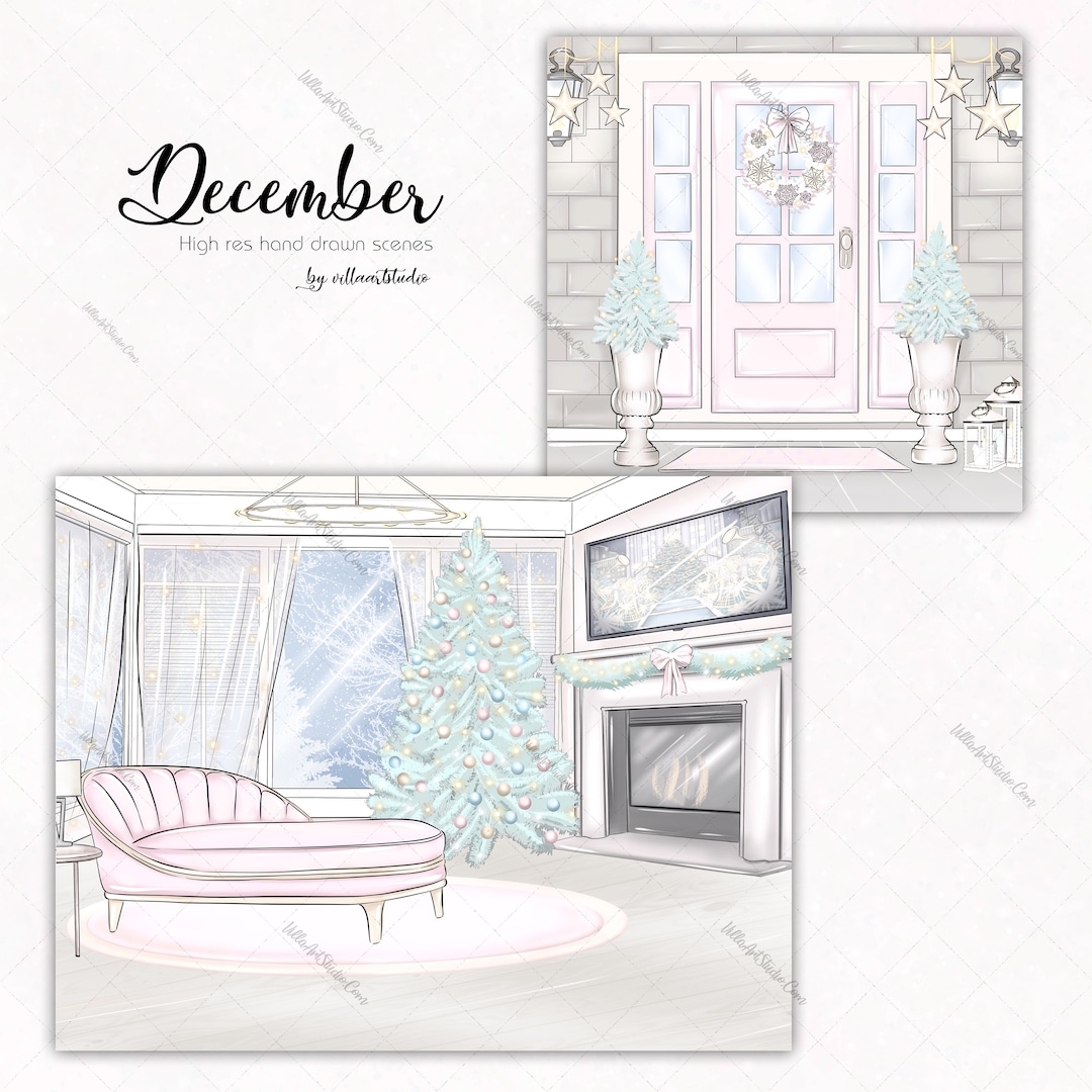 December SCENES Christmas Hand Drawn Art Pink Christmas Cute Clipart ...